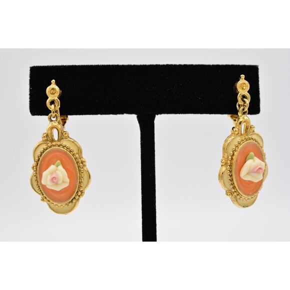 Unknown | Jewelry | Vintage Clip Earrings Dangle Gold Orange Clay Rose ...